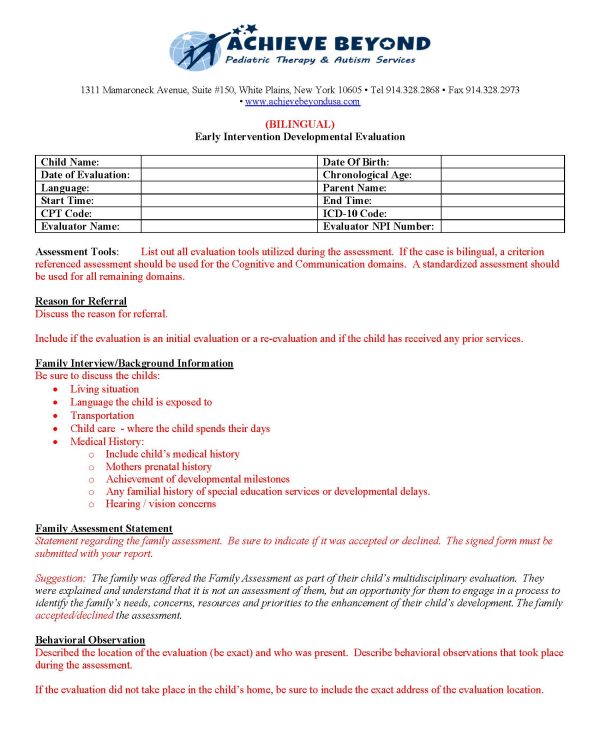 Sample Developmental EI Evaluation Template Westchester - Achieve Beyond