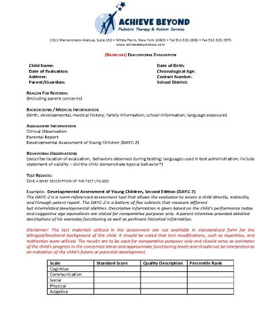 Sample Educational Evaluation (CPSE) Westchester - Achieve Beyond